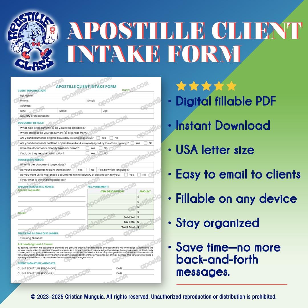 Apostille Client Intake Form| Fillable PDF| Apostille Agent and Notary ...