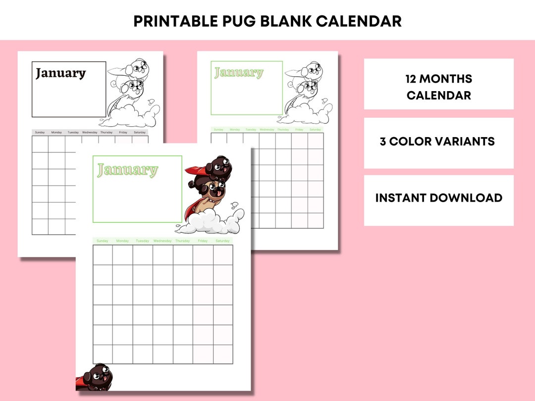 Blank Monthly Calendar Pug Printable Minimalist Pug Digital - Etsy Canada