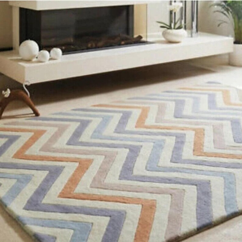 Minimalist Zig Zag Modern Chevron Pattern Tufted Wool Rug Soft Pastel ...