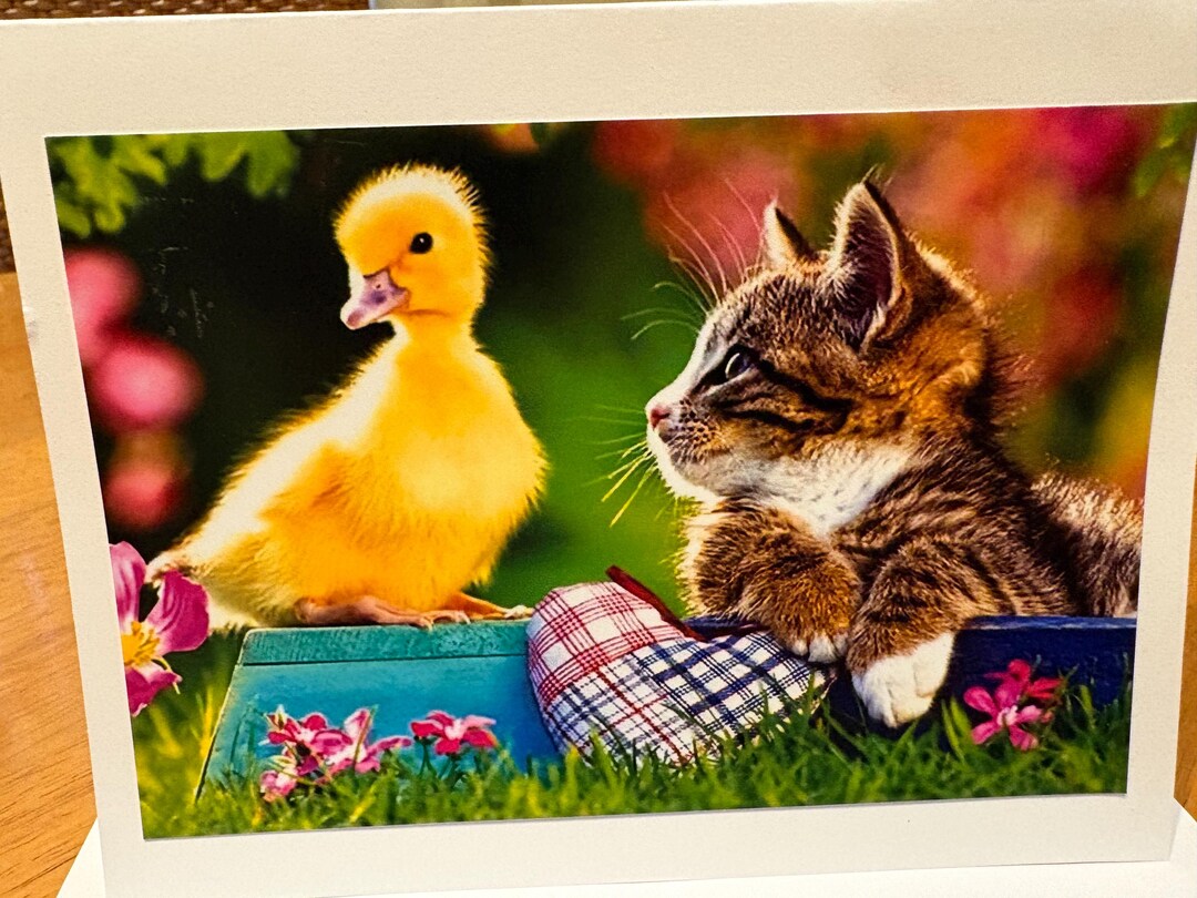 Happy Easter Card With Animals, Yellow Duck and Cat Note Card, Babies ...