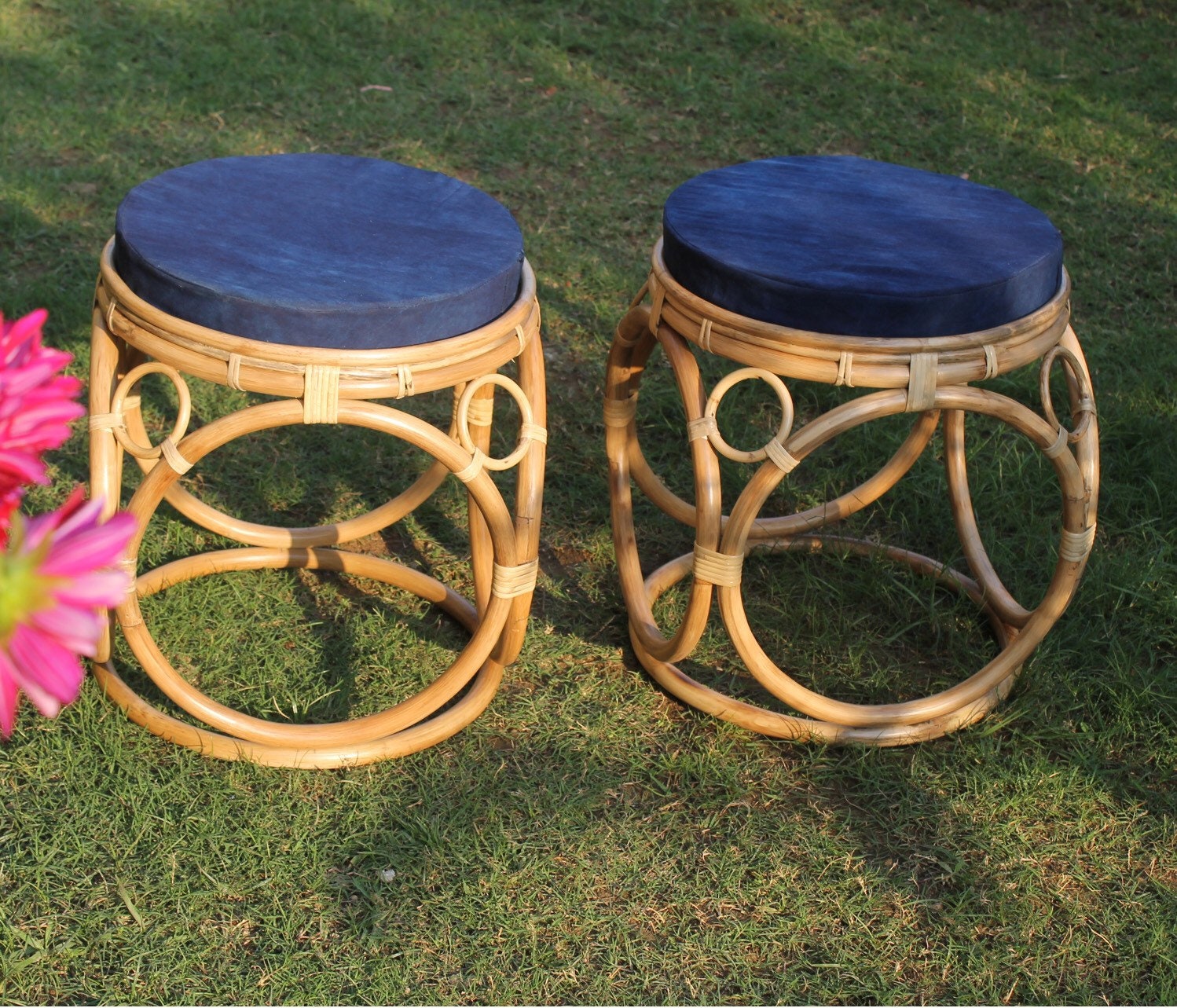 Contemporary Cane Stools With Natural Dyed Bamboo Fabric - Etsy