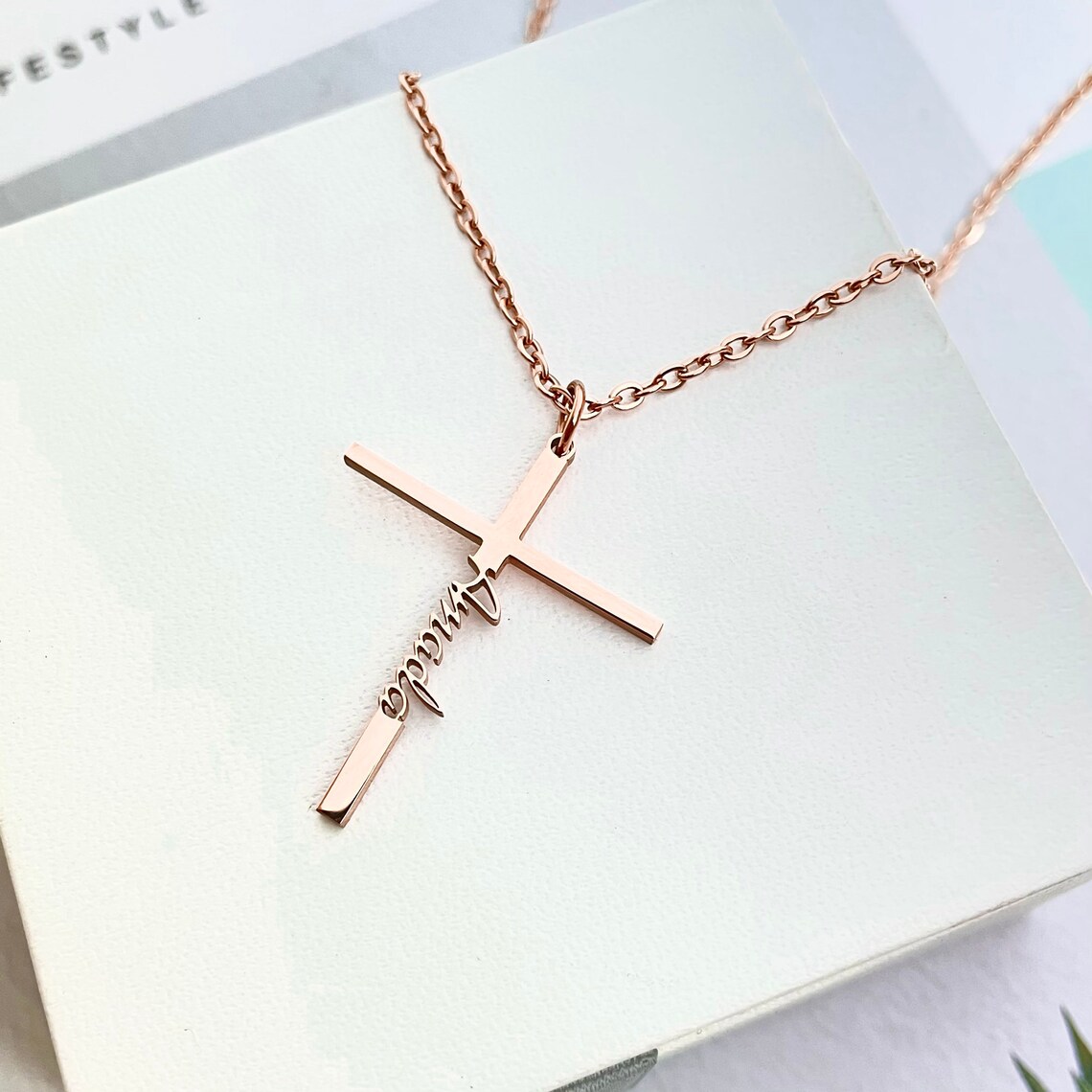 Personalized Cross Necklace Rose Gold Personalized Necklace | Etsy