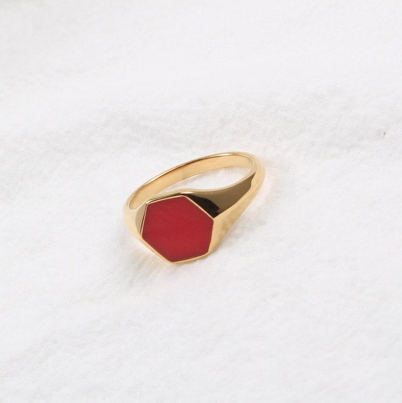 Gold Hexagonal Red Set Signet Ring | Etsy