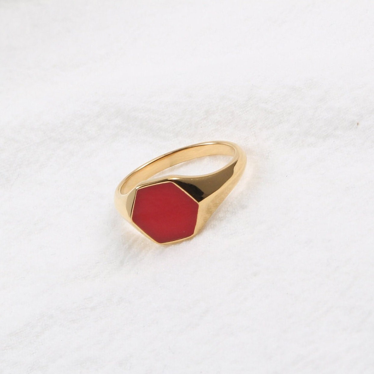 Gold Hexagonal Red Set Signet Ring - Etsy