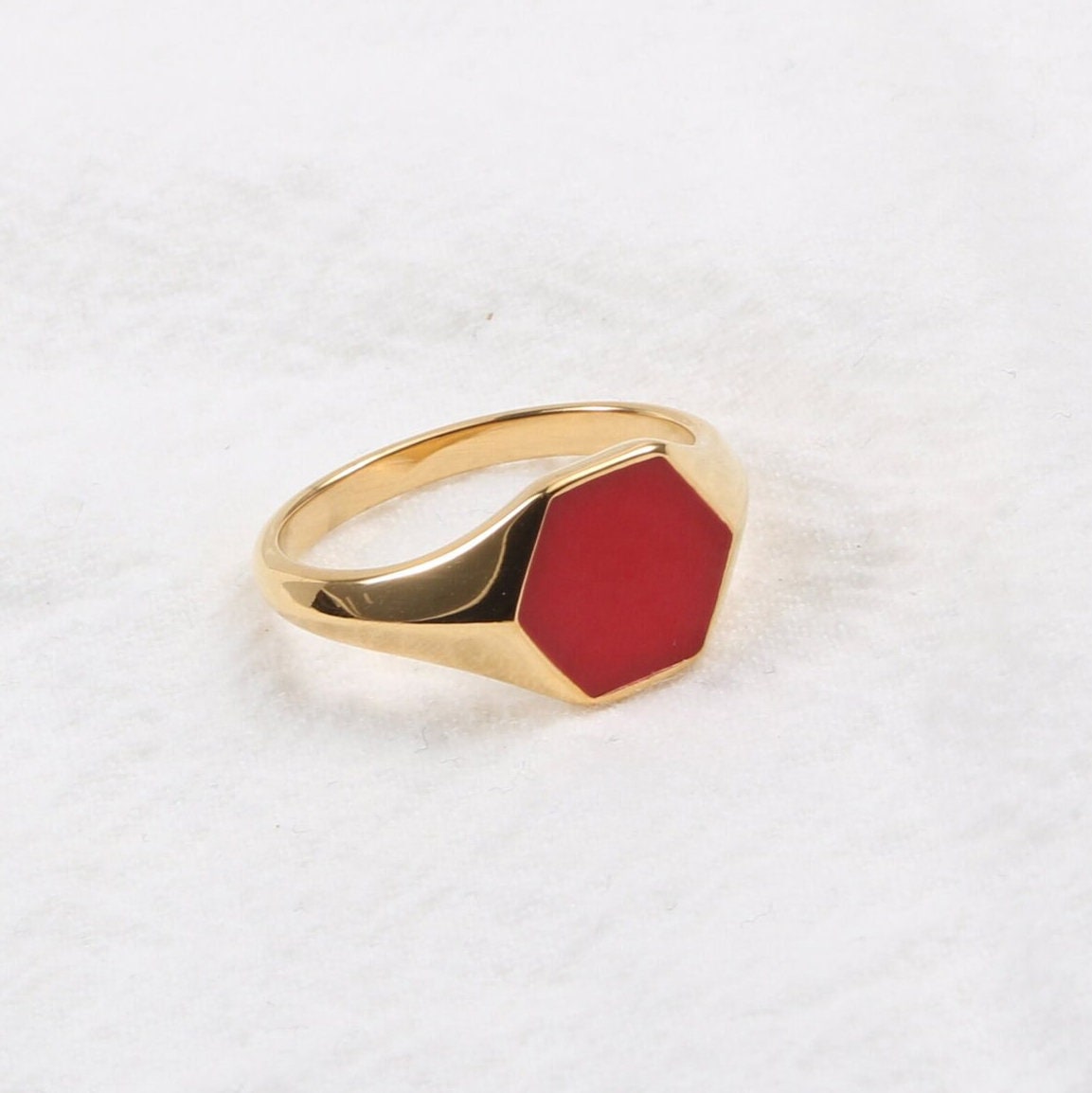 Gold Hexagonal Red Set Signet Ring - Etsy