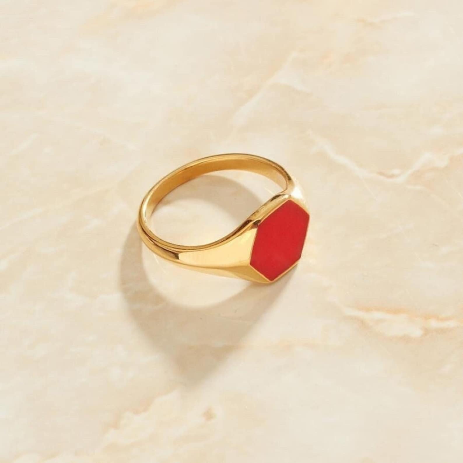 Gold Hexagonal Red Set Signet Ring | Etsy
