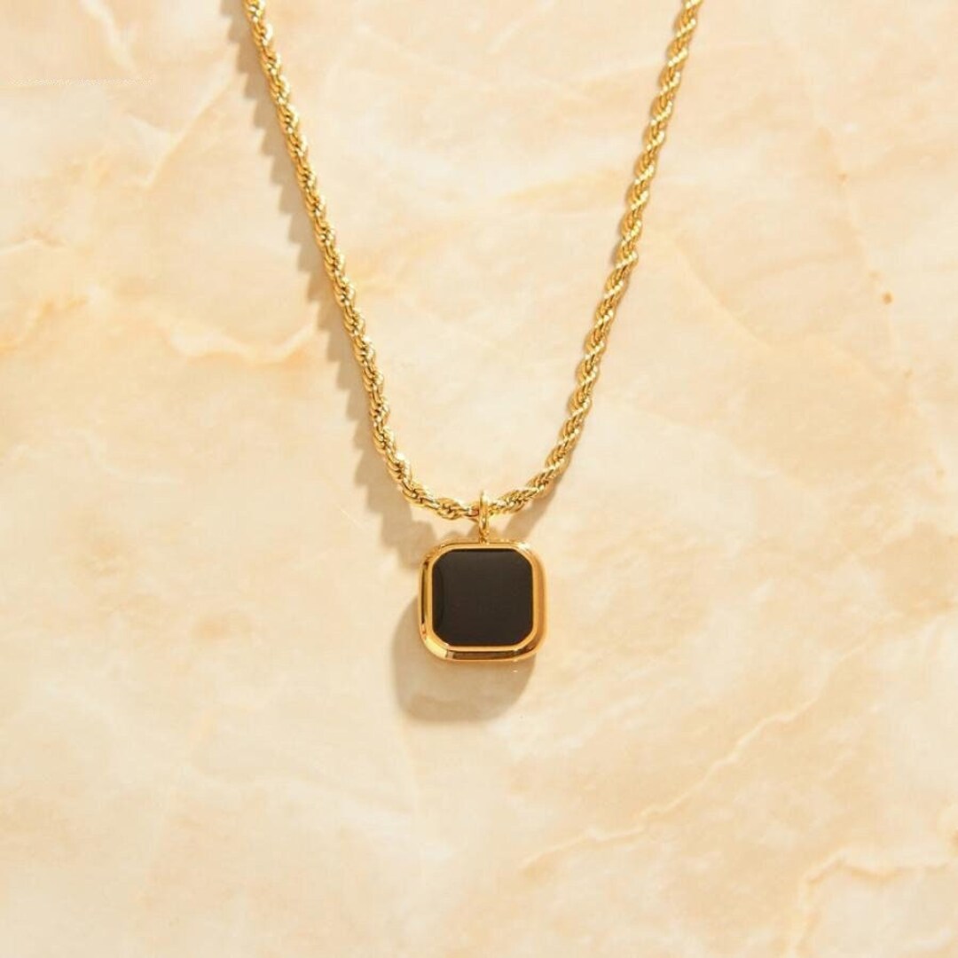 Gold Square Black Set Pendant Necklace - Etsy