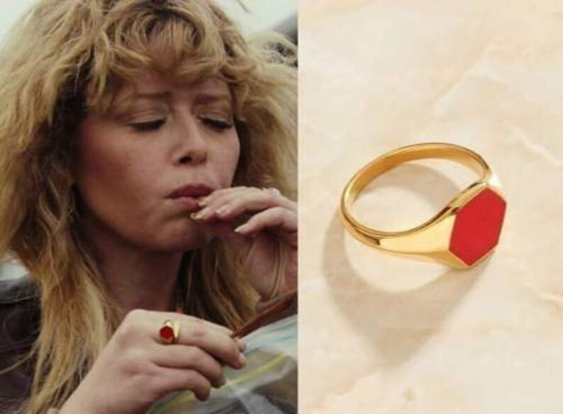 Gold Hexagonal Red Set Signet Ring - Etsy