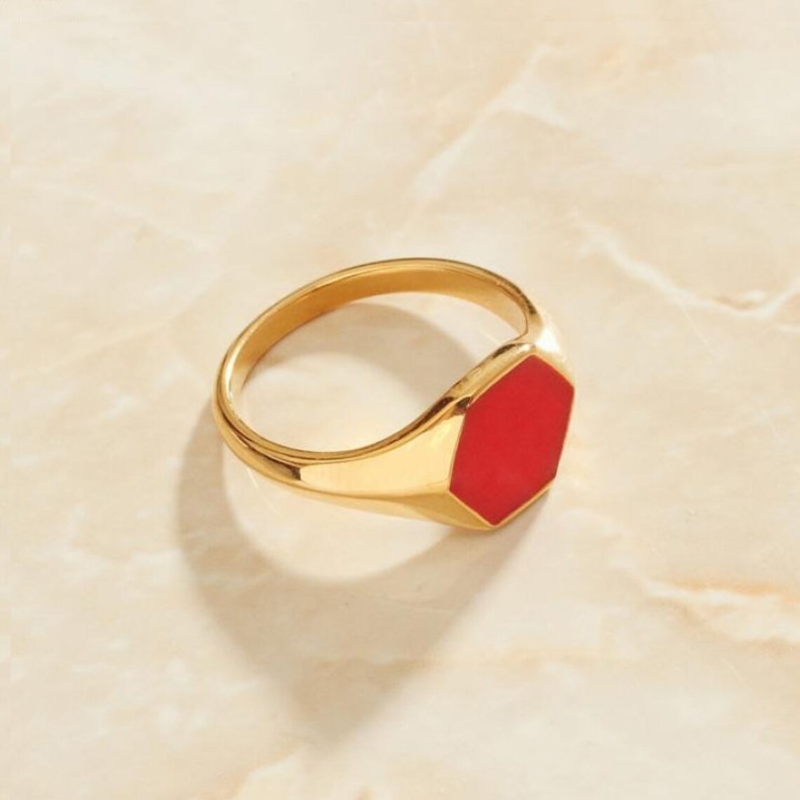 Gold Hexagonal Red Set Signet Ring - Etsy