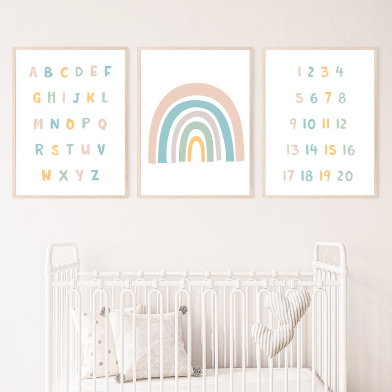 Pastel Rainbow, Numbers & Alphabet Nursery Print Set of Three - Etsy