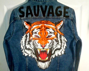 Hand painted denim jacket Tiger | Etsy