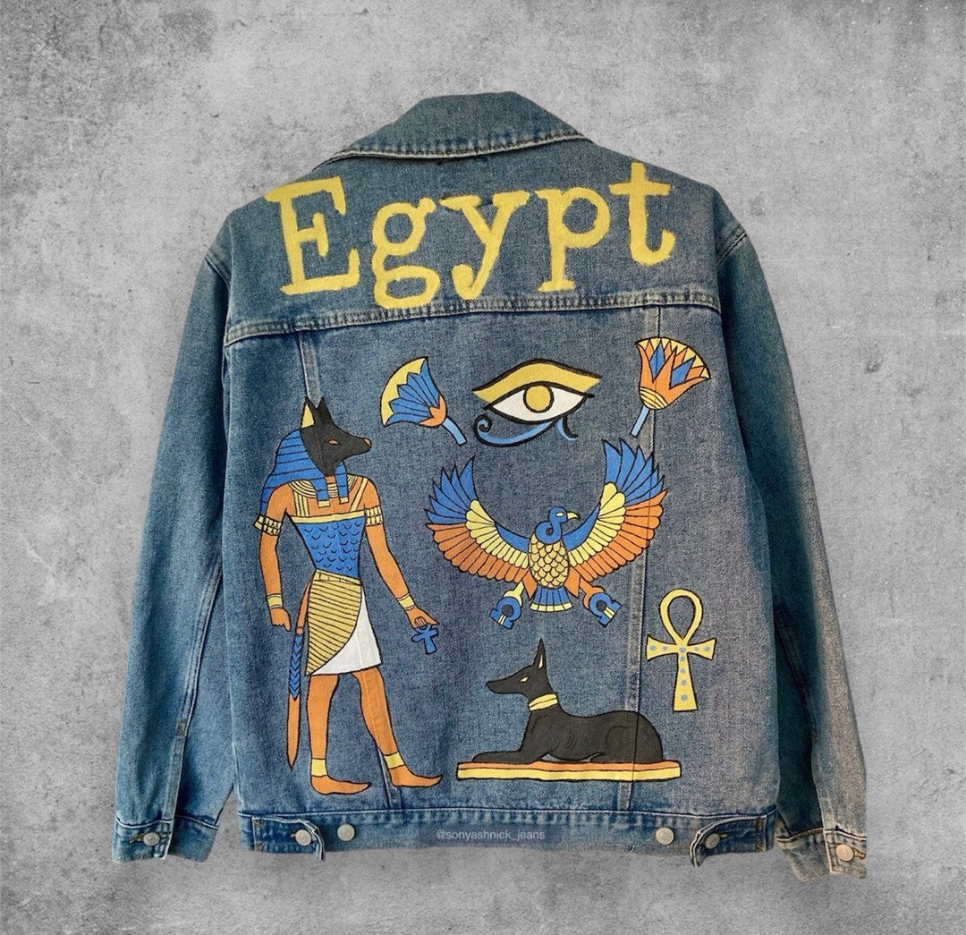 Hand Painted Denim Jacket Egypt, Egyptian Hieroglyphs - Etsy