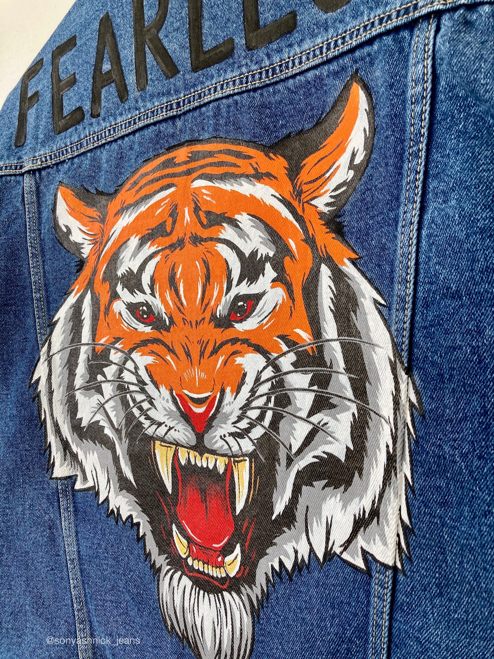 Custom Jean Jacket, Painted Denim Jacket Tiger, Hand Painted Denim ...