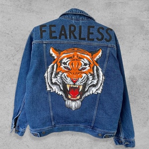 Custom Jean Jacket, Painted Denim Jacket Tiger, Hand Painted Denim ...