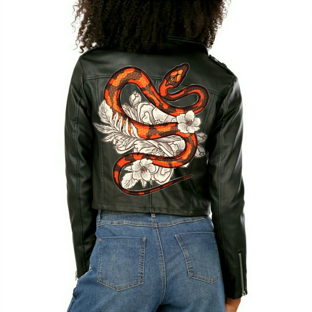 Hand painted faux leather jacket Snake with flowers | Etsy