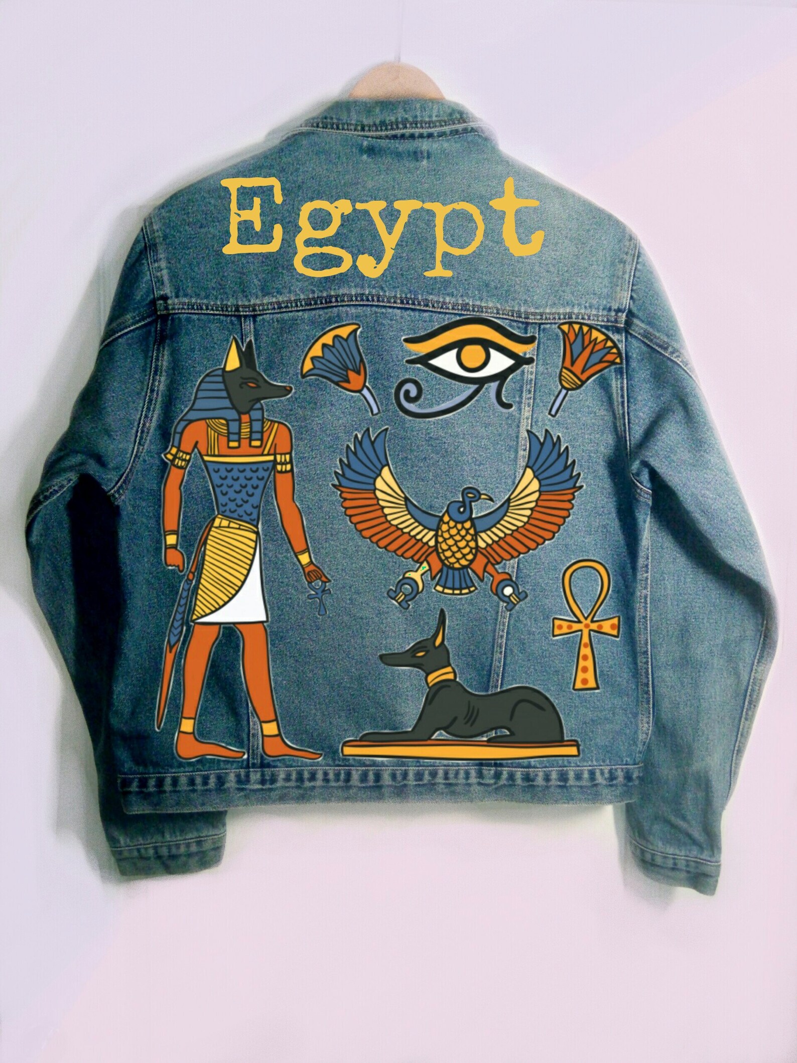 Hand Painted Denim Jacket Egypt Egyptian Hieroglyphs | Etsy