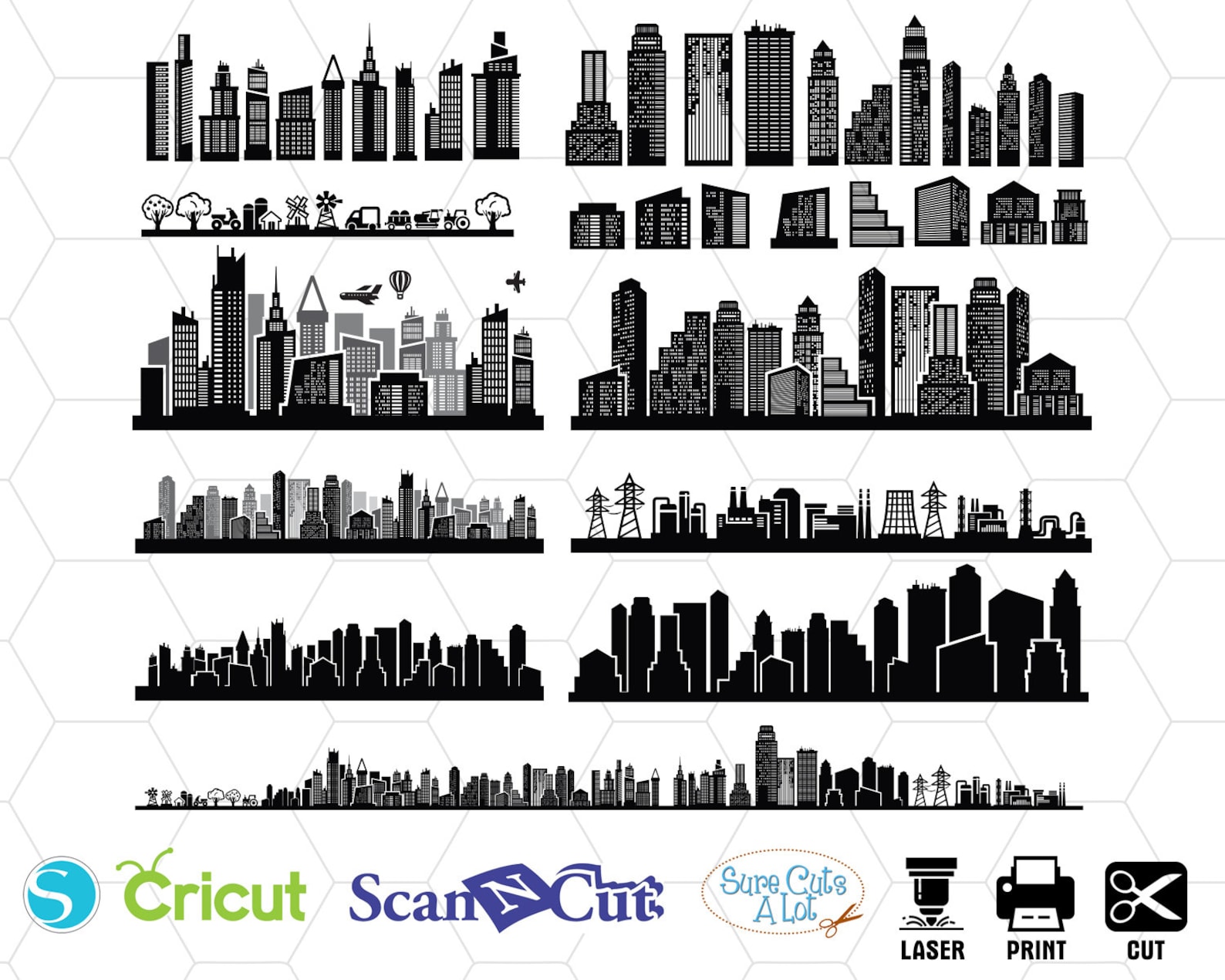 City Skyscrapers Silhouette Svg Bundle Skyline Svg City Svg - Etsy