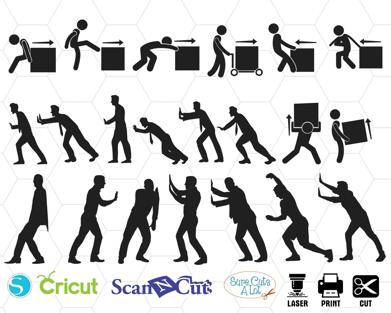 Push svg pushing silhouette man black set vector png | Etsy