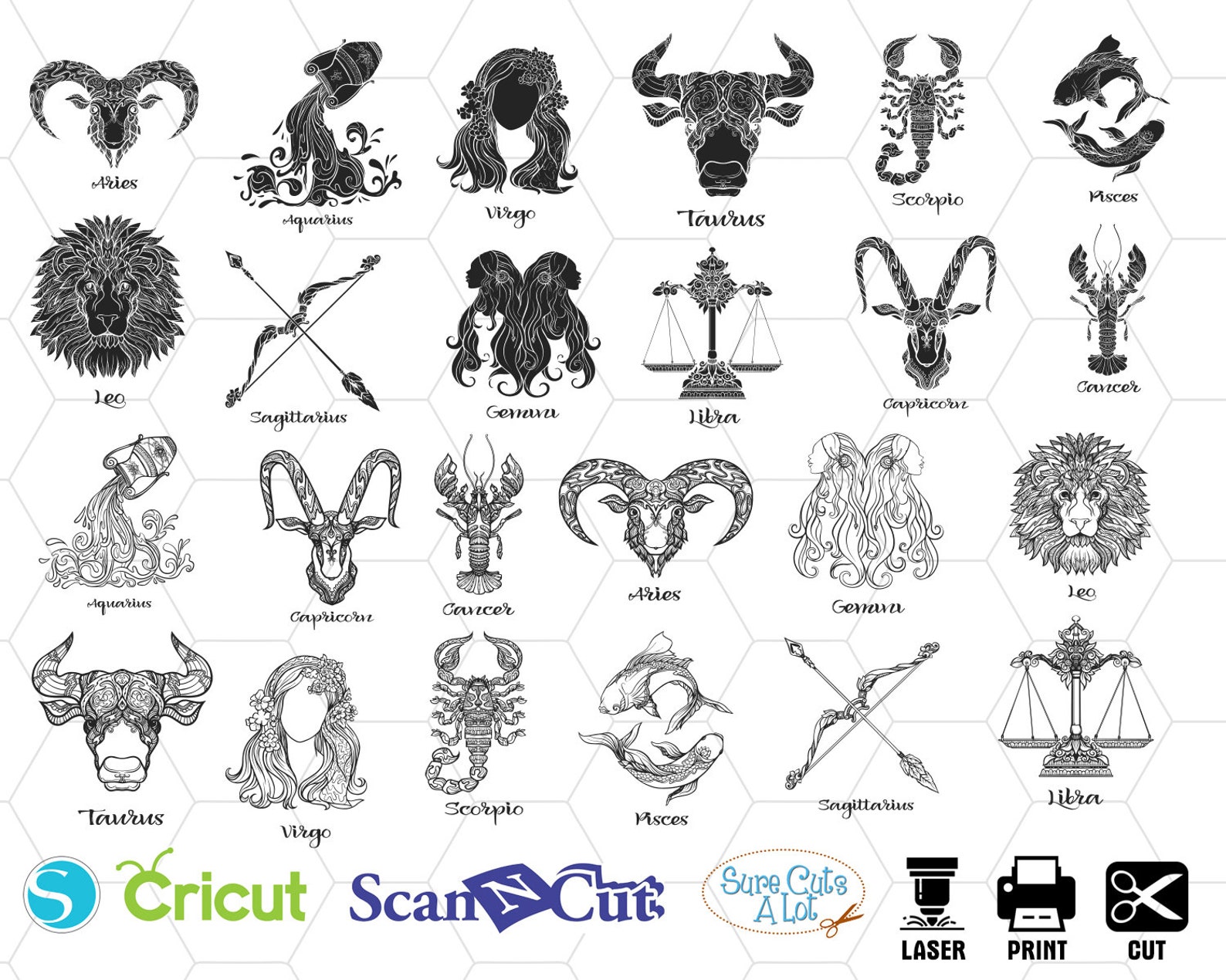 Zodiac Signs Svg Files, Horoscope Sign Outline Svg, Zodiac Cricut ...