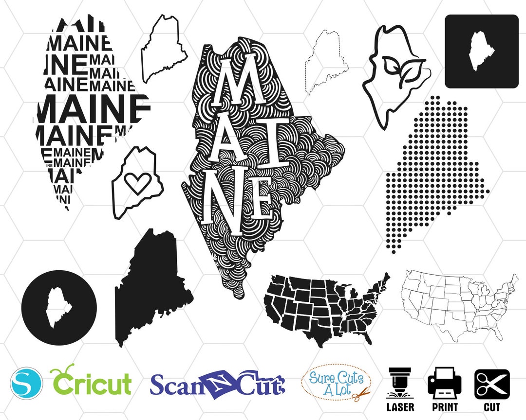 Maine State Svg, Maine Map Svg, Silhouette, Monogram, Cameo, Design ...
