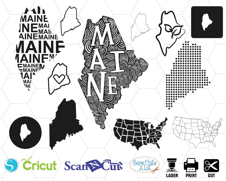 Maine State Svg, Maine Map Svg, Silhouette, Monogram, Cameo, Design ...
