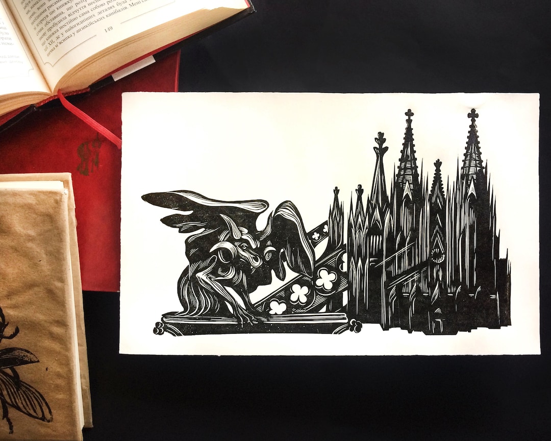 Gothic Cathedral Linocut Block Print With Gargoyle - Original Artwork ...