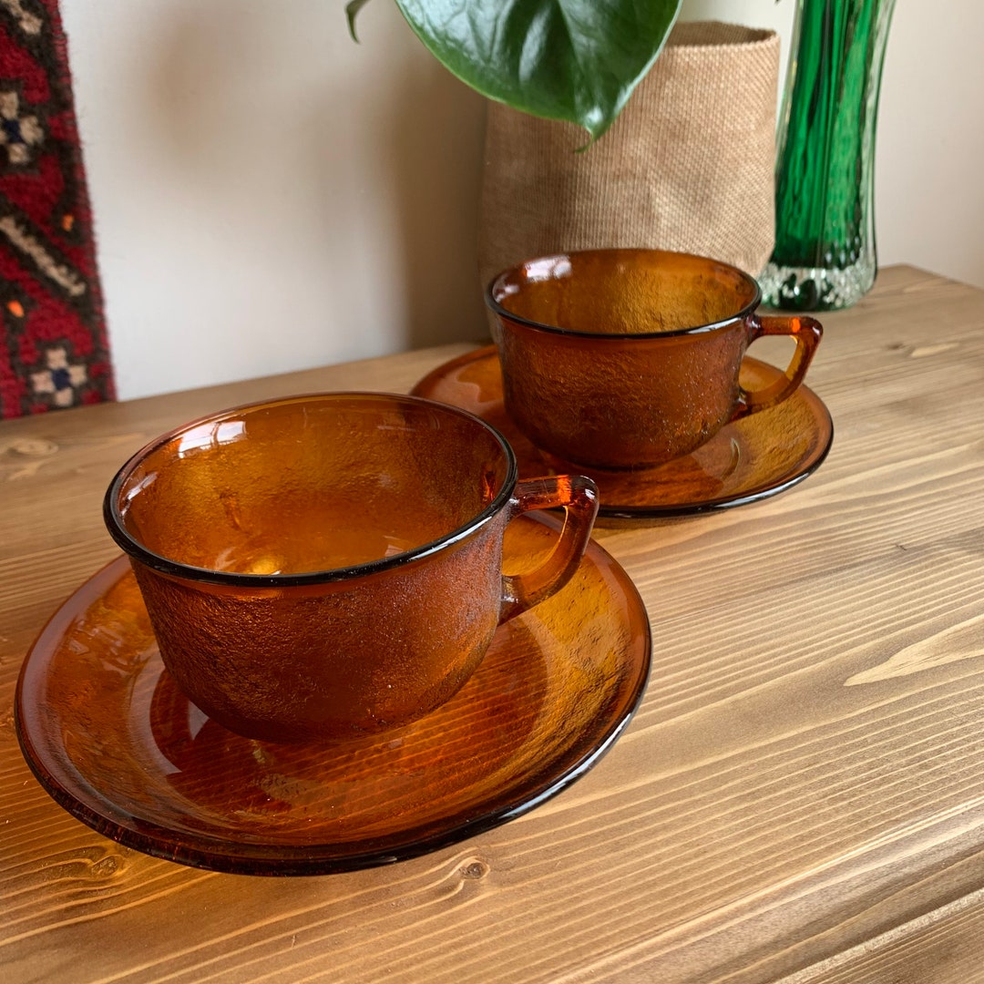 Vintage Arcoroc Sierra Umber Glass Cups and Saucers, Made in France ...