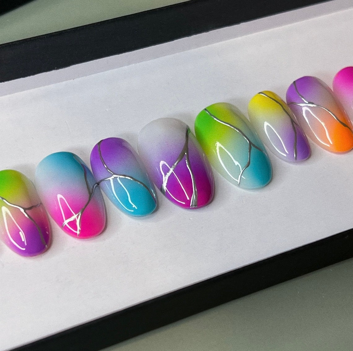 Airbrush Rainbow and Metal False Nails Set Gel Nails Biab Nails Strong ...