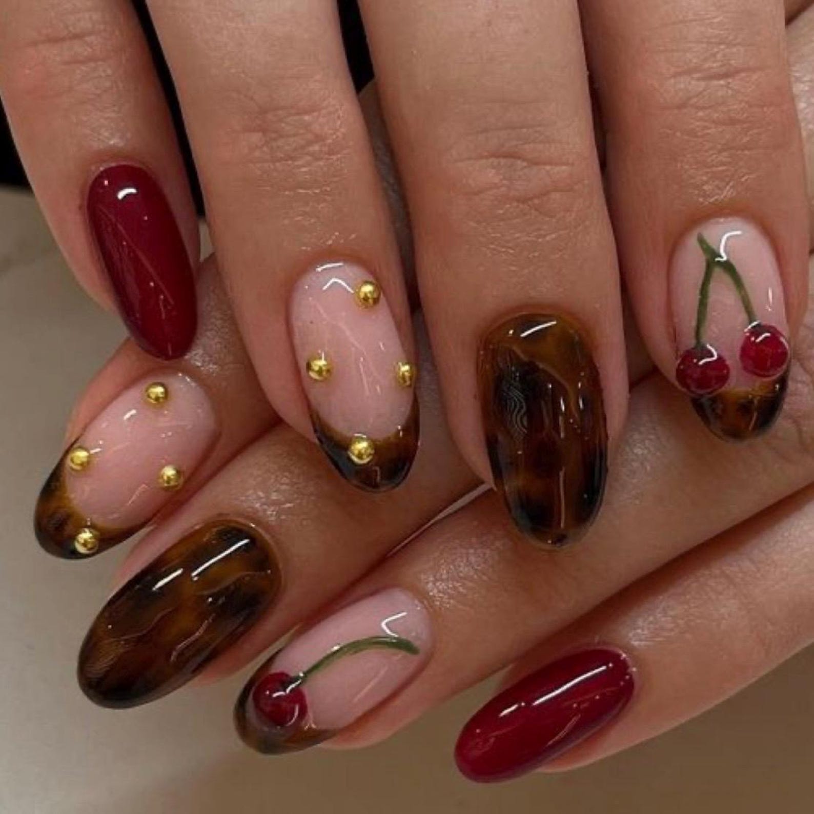 Burgundy Tortoise Shell and Red With Gold Accents Press on Nails ...