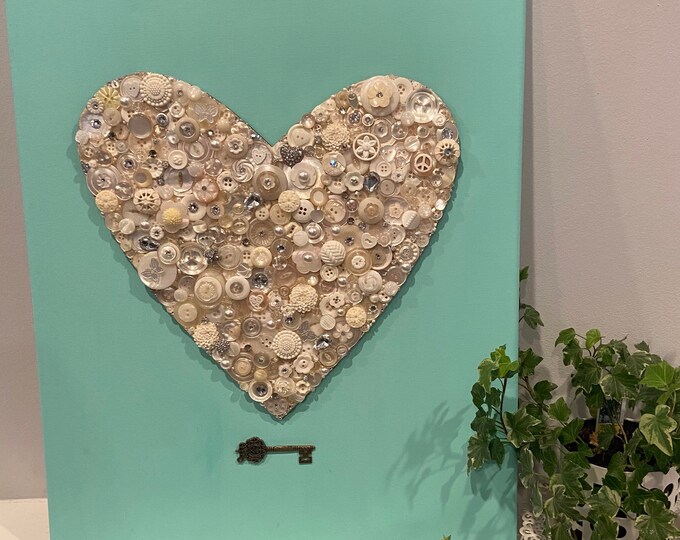 Custom Button Heart Canvas Art,white Decor, Wedding Gifts, Vintage ...
