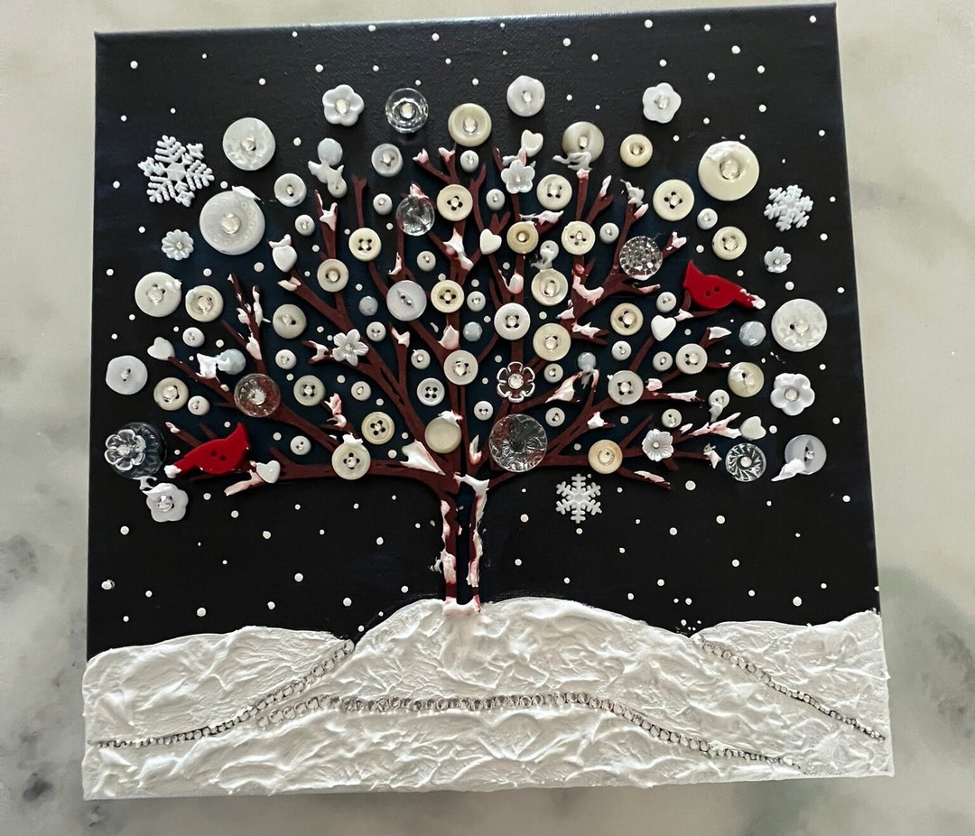 Tree Art, Cardinal, Button Tree, Button Art, Winter Decor, Holiday ...