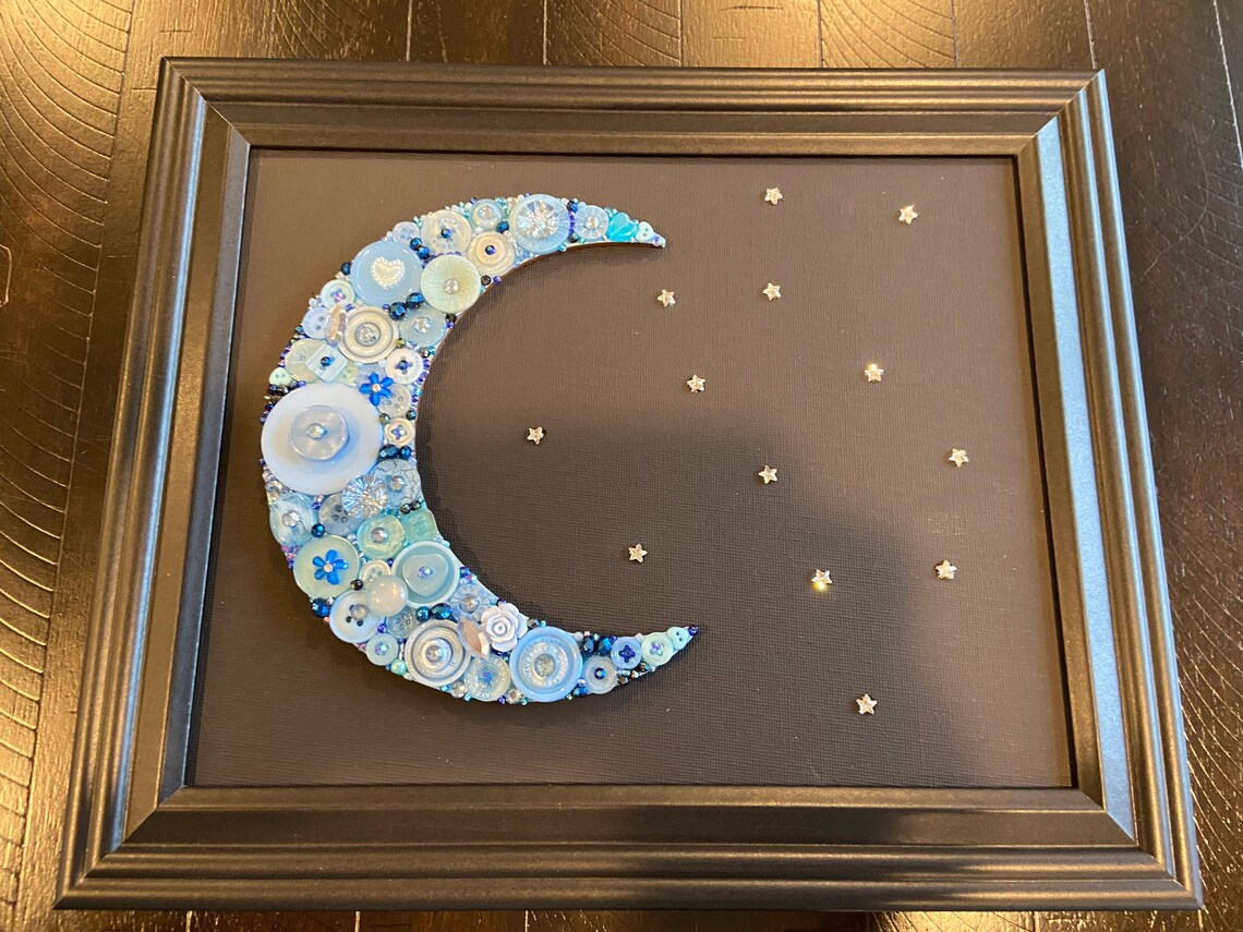 Moon and Stars Art Custom Button Art Celestial Art Blue | Etsy