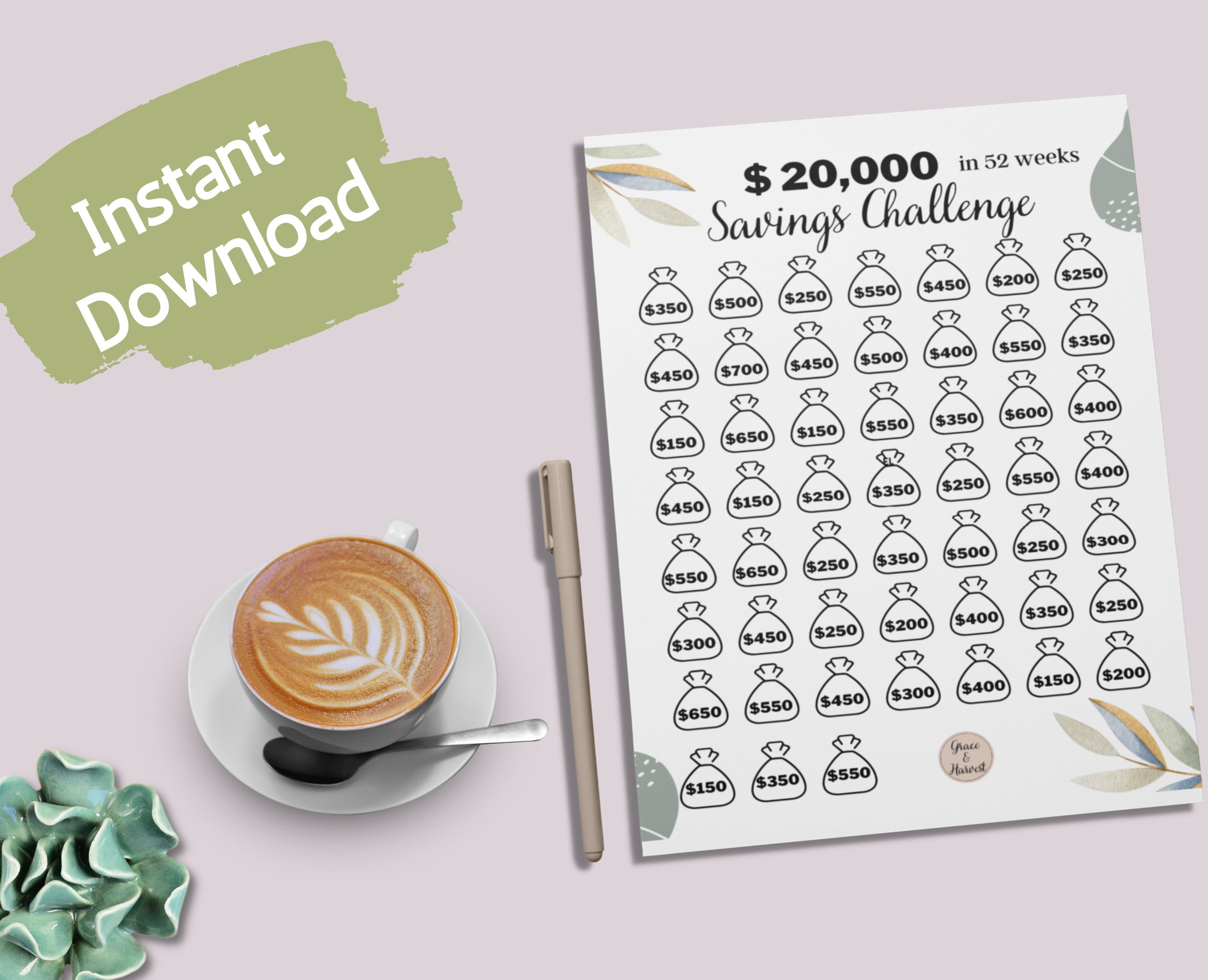 20,000 Dollar Savings Challenge | Printable Savings Tracker- Letter and ...