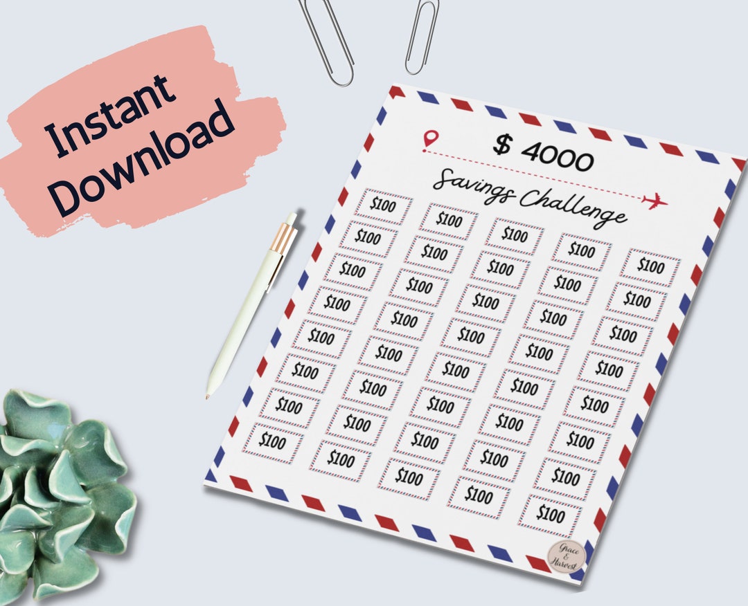 4000 Dollar Savings Challenge | Printable Savings Tracker- Letter and ...