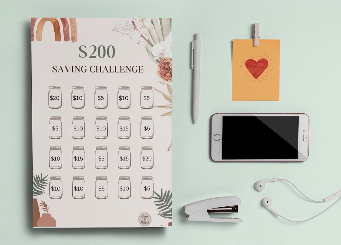 200 Dollar Savings Challenge Printable Savings Tracker Letter & A4 Size ...