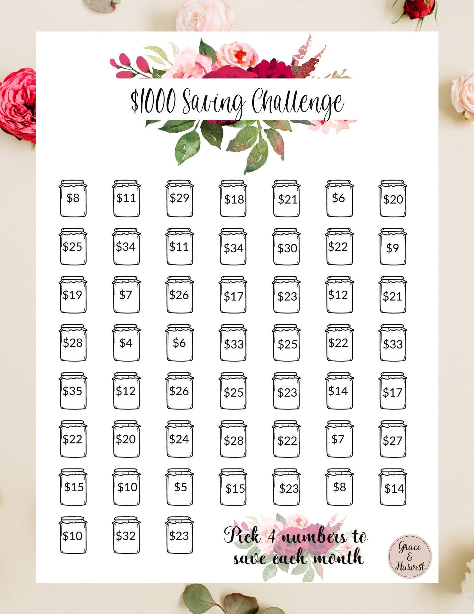 1000 Dollar Savings Challenge | Printable Savings Tracker - Letter and ...