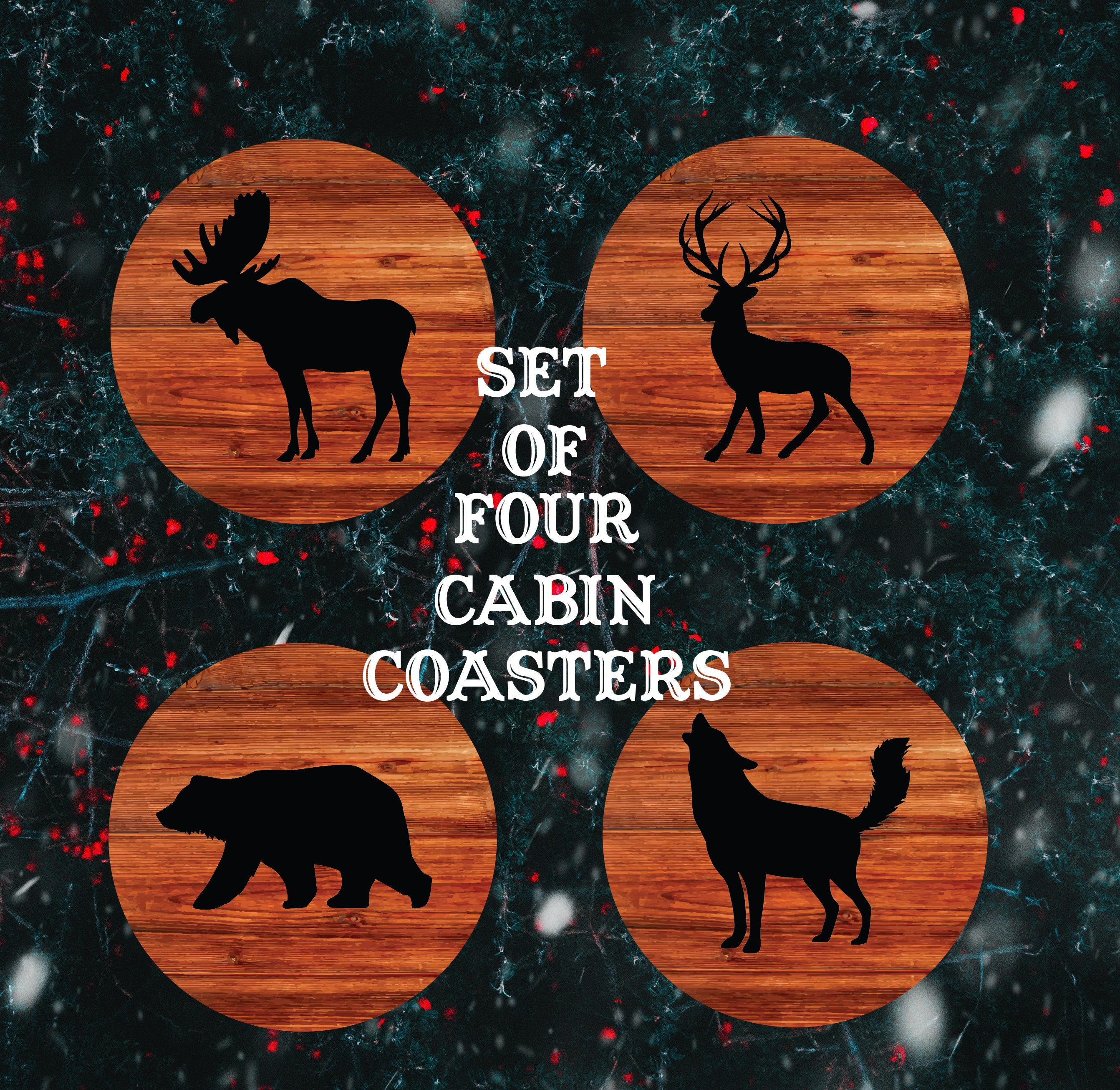 Cabin Style Woodgrain Animal Silhouette Round Coaster Set-hardboard ...