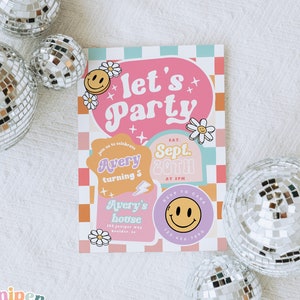 Editable Checkered Smile Face Birthday Welcome, Groovy Retro Birthday ...