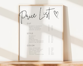 Minimalist Price List Template, Salon Price List Template, Modern Salon Price List, Small ...