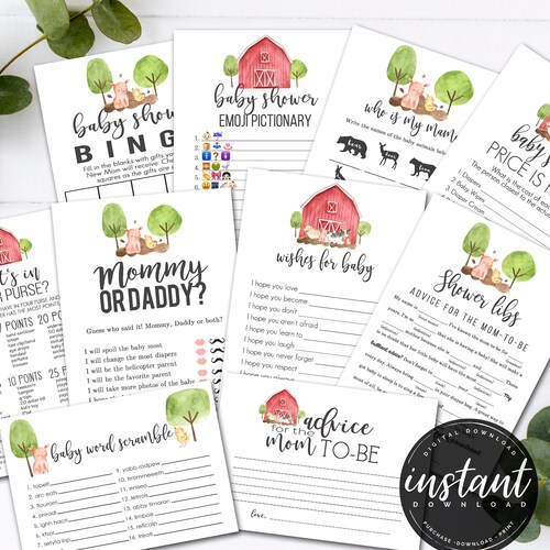 Farm Animal Baby Shower Games Bundle Editable Baby Shower - Etsy