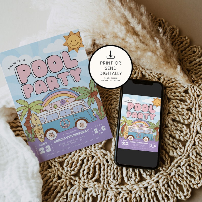 Editable Pool Party Invitation, Summer Evite Birthday, Retro Summer ...