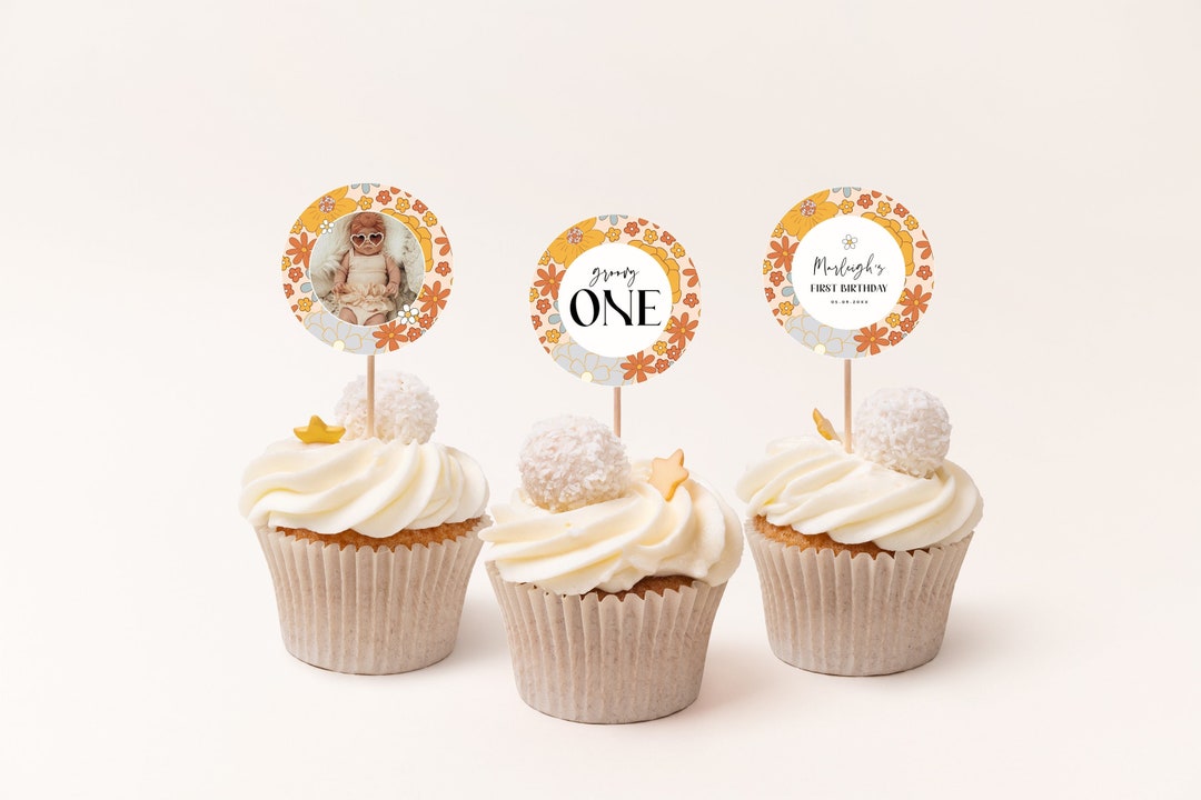 Groovy Cupcake Toppers Template, Groovy One Cupcake Topper, Retro Boho ...