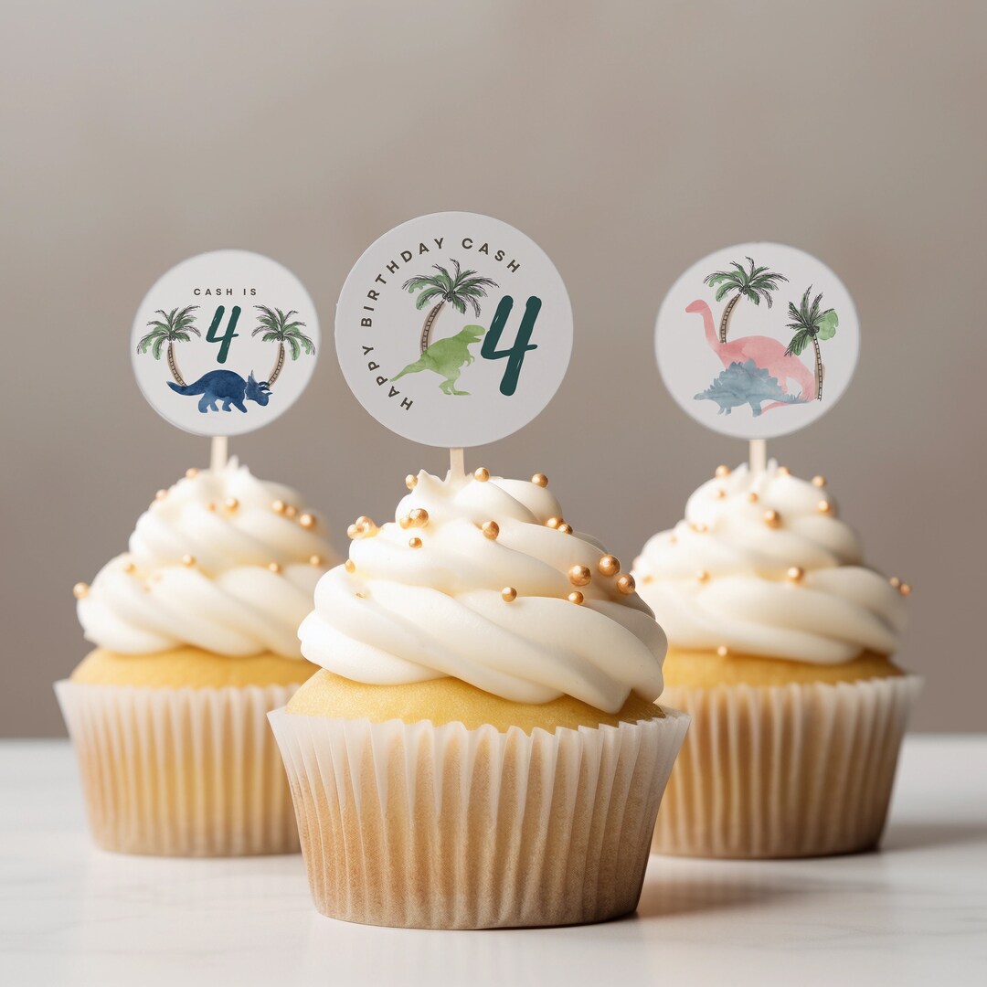 Modern Dinosaur Cupcake Toppers, Watercolor Dinosaur Toppers Boy ...