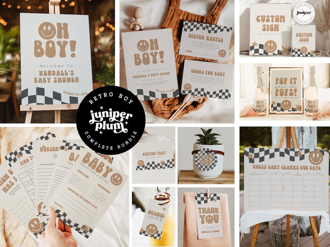 Checkered Boy Baby Shower Invitation Template, Editable Baby Shower Set ...