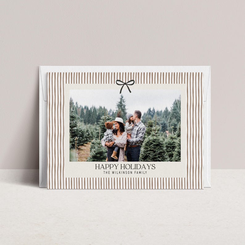 Neutral Happy Holidays Photo Card Template | Modern Stripe Christmas ...