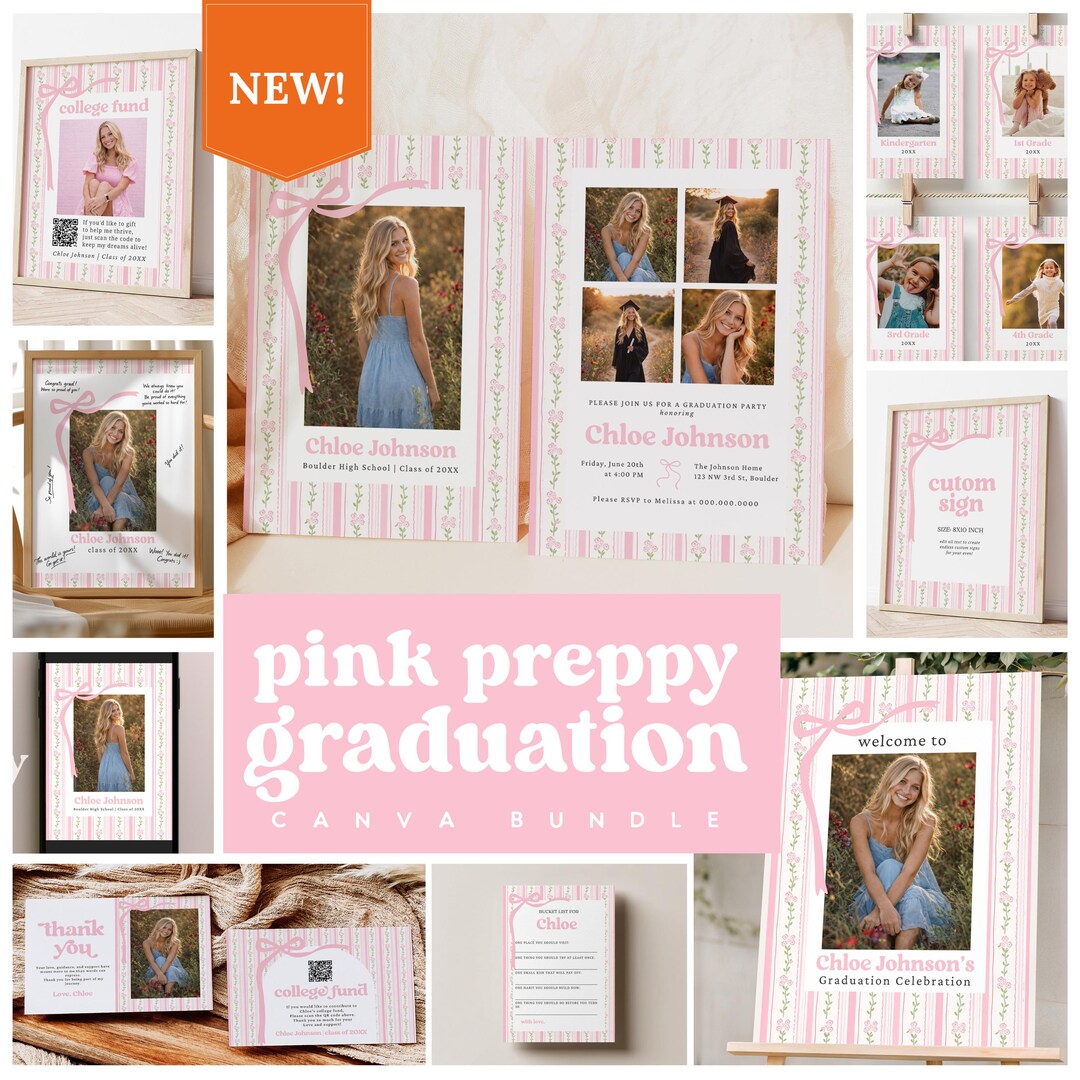 Graduation Bundle Template Canva, All in One Grad Party Package, Pink ...