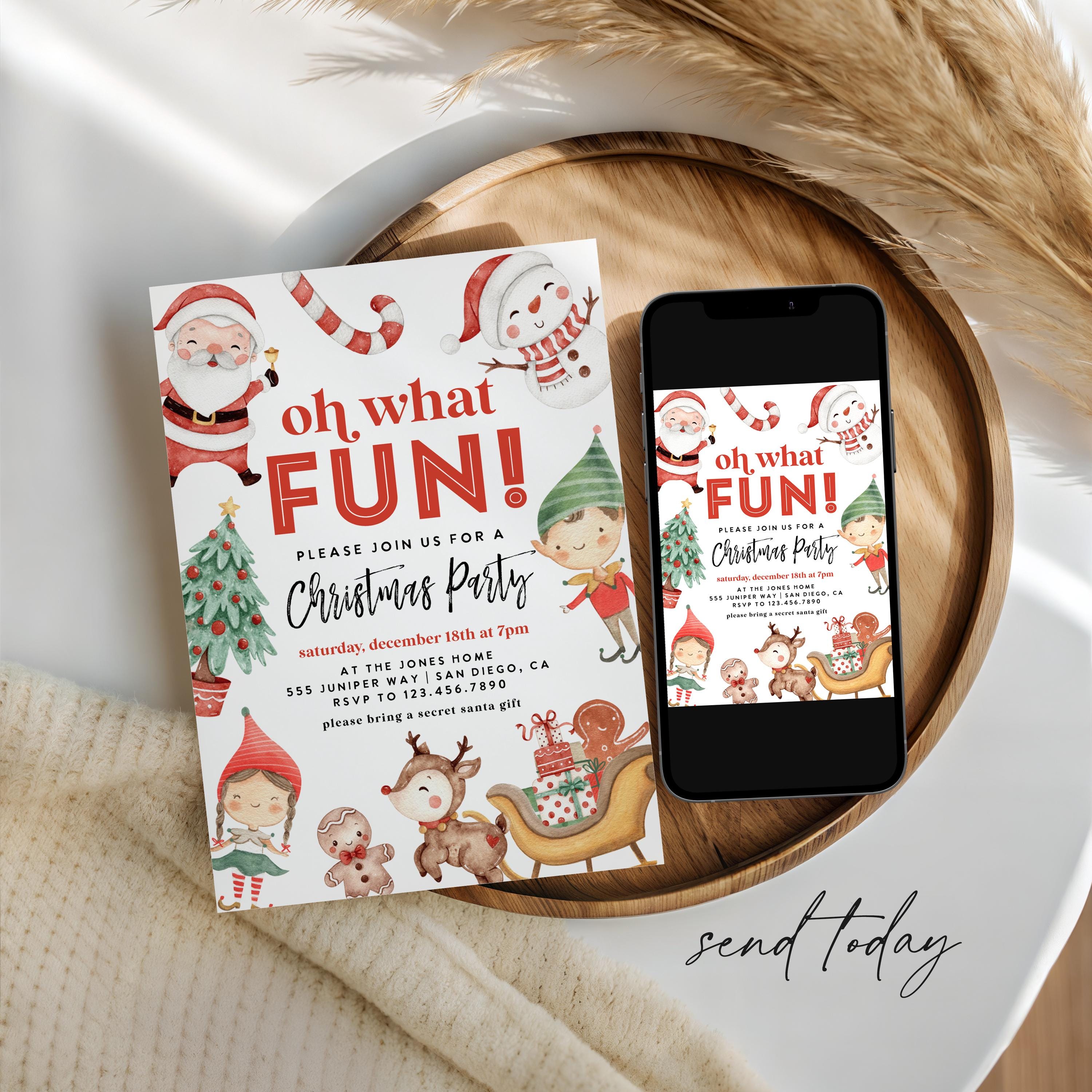 Oh What Fun Christmas Party Invitation | Santa & Elf Holiday Invite ...