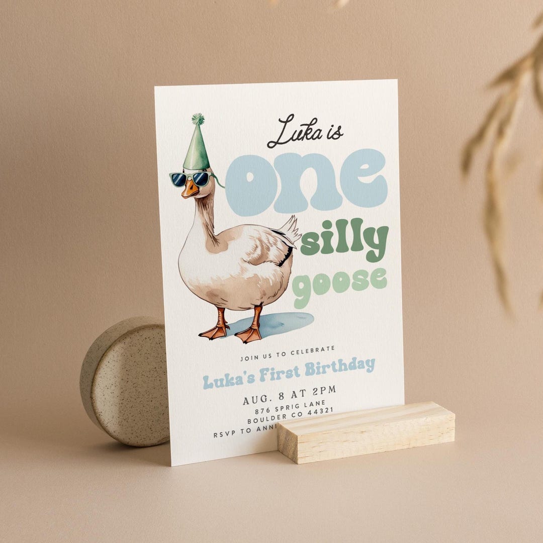 One Silly Goose Birthday Invitation, Boy 1st Birthday Invitation, Blue ...