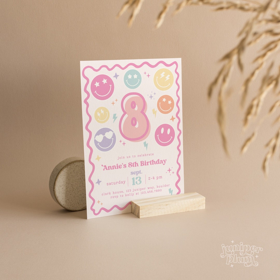Editable Smile Face 8th Birthday Invitation, Smile Face Birthday, Tween ...