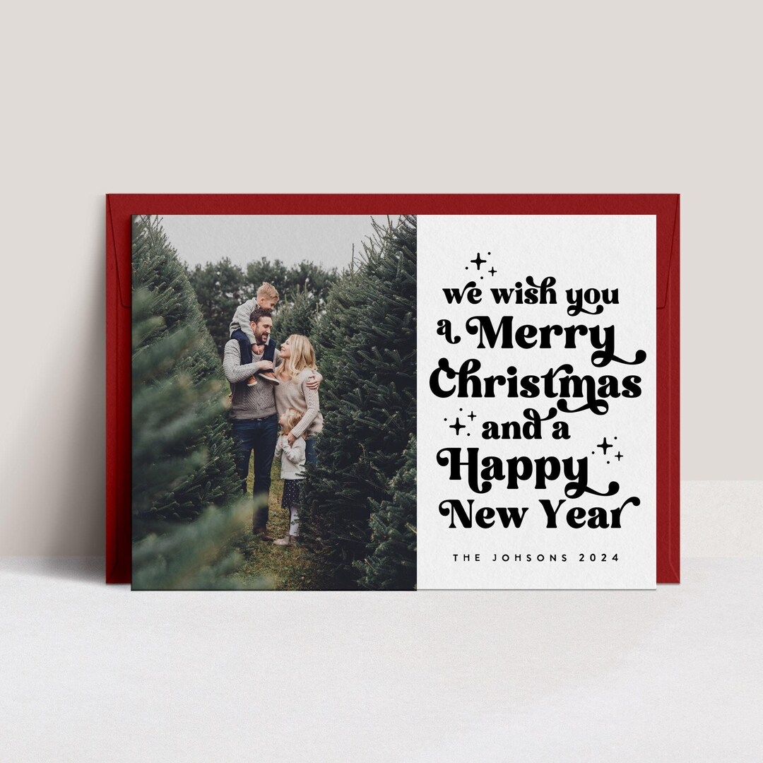 Retro Typography Christmas Card Template, Photo Christmas Card Happy ...
